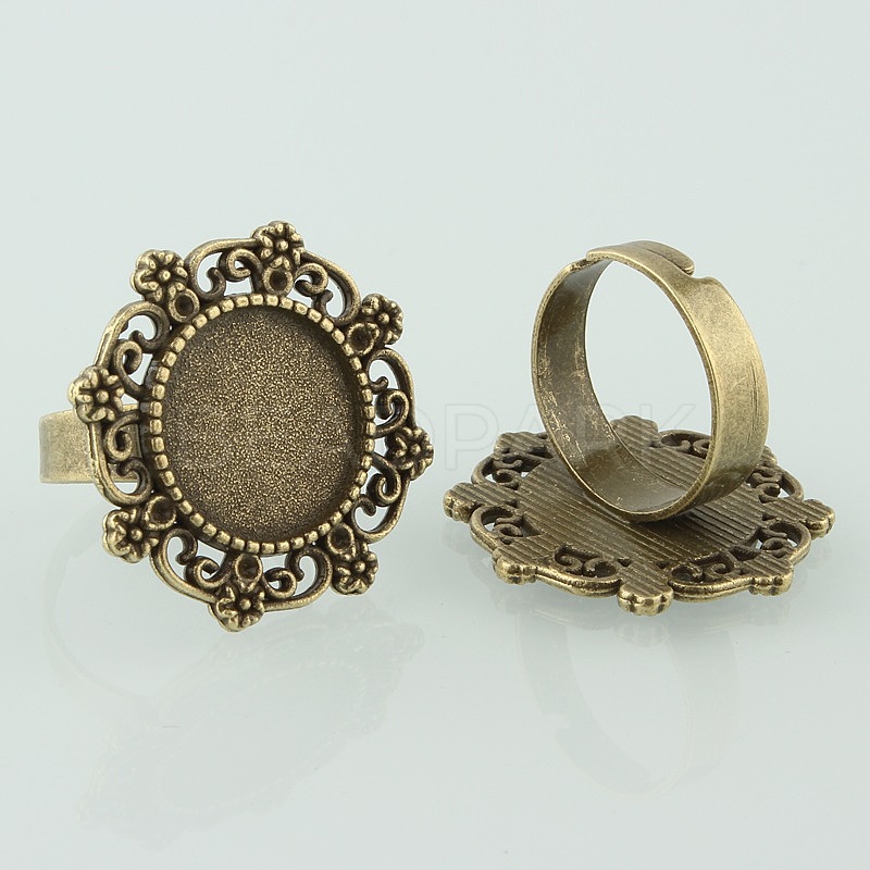 Vintage Adjustable Iron Finger Ring Components Alloy Flower Cabochon ...